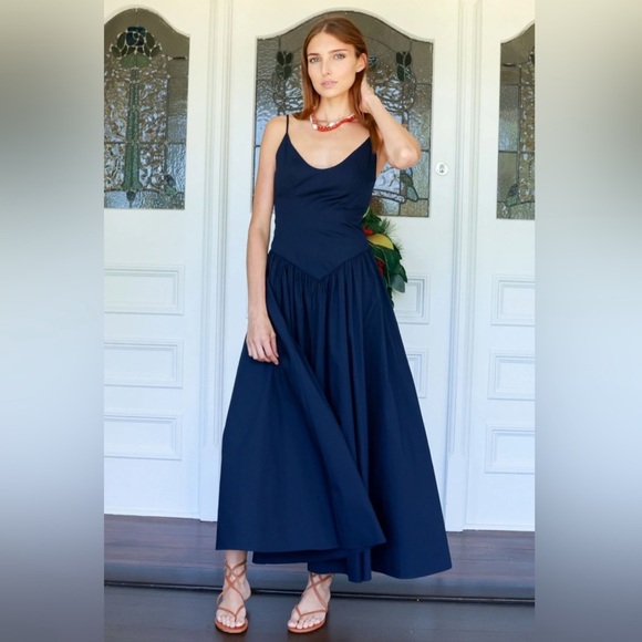 STAUD | Dresses | New Staud Dena Drop Waist Poplin Dress In Navy Blue ...